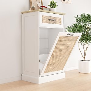 CABIHOME Rattan Tilt Out Trash Cabinet, Freestanding Trash Can Cabinet 10 Gallon Storage, Hidden Pet-Proof Garbage Can Cabinet Laundry Hamper for Kitchen Dining Living Room