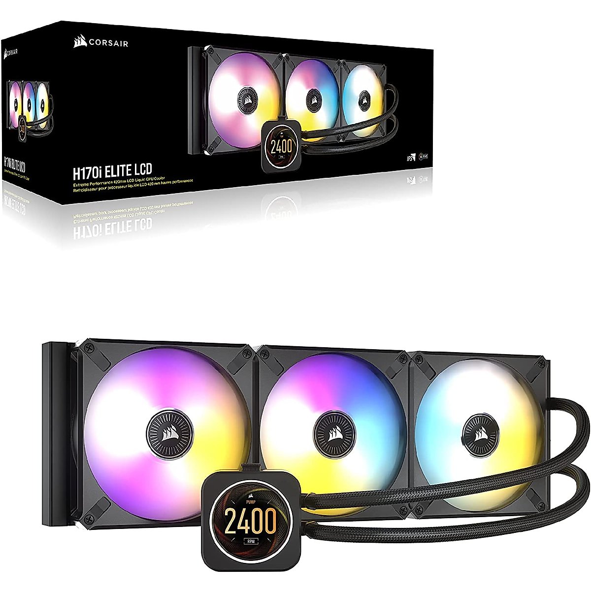 CORSAIR iCUE H170i ELITE LCD Display Liquid CPU Cooler-Custom IPS LCD Screen-48 Dynamic RGB LEDs-140mm Fans -420mm Radiator-COMMANDER CORE Smart Lighting Controller