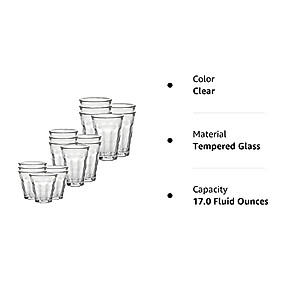 Duralex Picardie 18 Piece Clear Tempered Glass Drinkware and Tumbler Cup Set for Wine, Tea, Water, and Cocktails