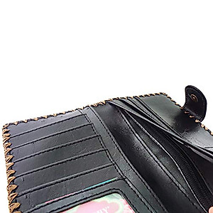 Skelapparel Divine Peacock Peacock Feather Embroidery Vegan Large Flat Wallet (Black)