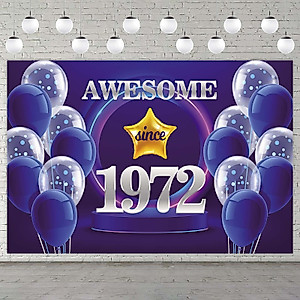 Awesome Since 1972 Happy 50th Birthday Banner Backdrop Stars Balloons Cheers to 50 Years Old Theme Decor for Women Men 50th Birthday Party Bday Supplies Decorations Background Blue Purple Sliver