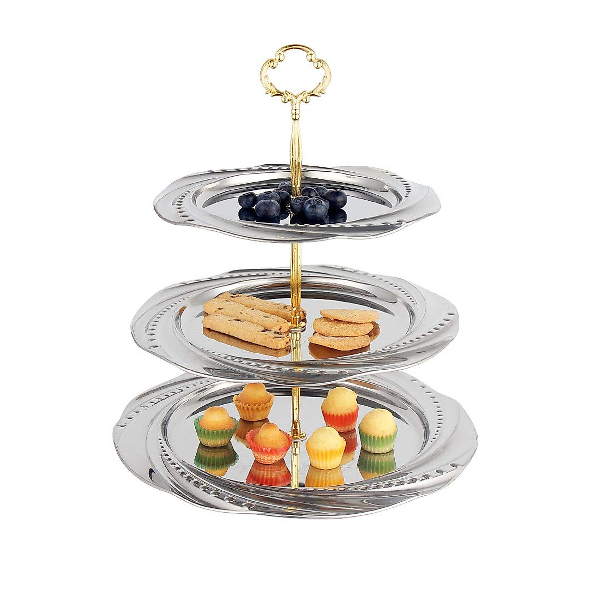 3 Tiered Serving Stand -Stainless Steel Cake Stand Fruits Desserts Buffet Plates Serving Tray Cupcake Stand for Wedding, Birthday Party & Tea Party Gift Christmas Decoration (Silver)