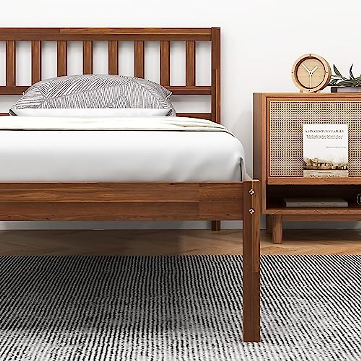 Giantex Wood Twin Bed Frame with Headboard, Mid Century Platform Bed with Wood Slat Support, Solid Wood Foundation, 12 Inch Height for Under Bed Storage, Easy Assemble, Walnut