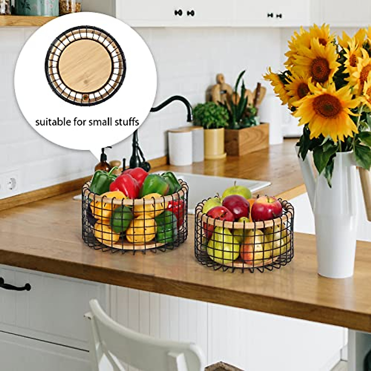 Bamboo Fruit Basket, 2 PCS Fruit Storage Basket Countertop for Kitchen, Counter Metal Wire Vegetable Produce Storage Baskets for Kitchen, Fruits Stand Holder Organizer for Bread Snack Veggies, Black
