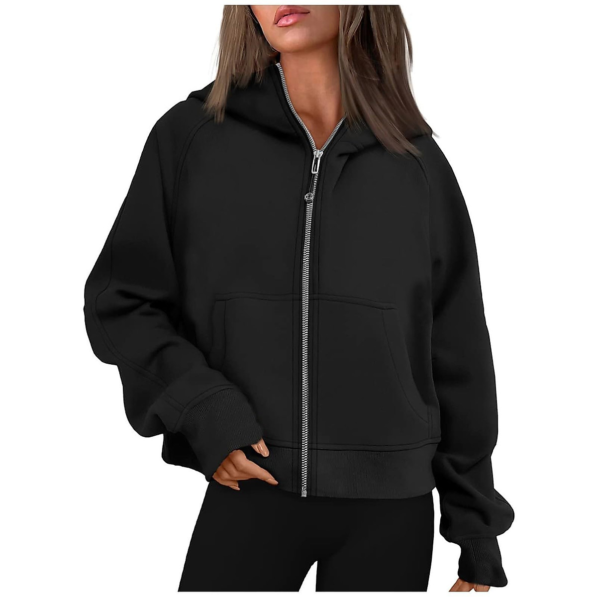 Women's Hoodies Zip Up Women's Fashion Hoodies & Sweatshirts Casual Long Sleeve y2k Clothes Full Zip Up Cropped Hoodie Jacket With Pockets Black S
