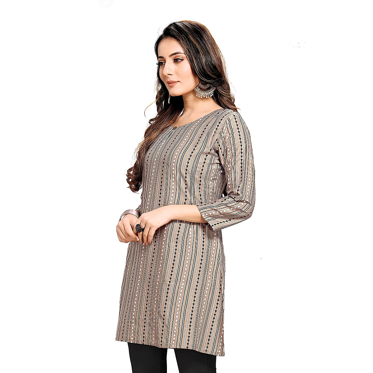 Shiv Textiles Women's Rayon Fabric Printed Round Neck Short Kurtis Top Dresses Kurti (3Xl Chiku)