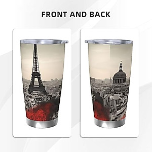 Paris Tumbler with Lid and Straw 20oz Stainless Steel Car Cup for Hot and Cold Drinks, Double Wall Insulated Travel Coffee Mug Reusable Drink Thermos Cup Birthday Gifts
