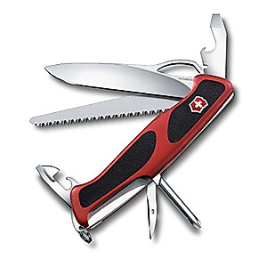Victorinox Ranger 78 M Grip Swiss Army Knife, 12 Function Swiss Made Pocket Knife with Large Lock Blade, Tweezers and Wood Saw – Red/Black