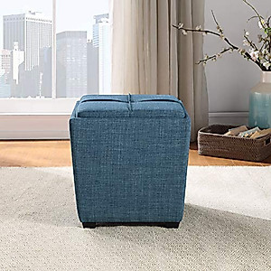 OSP Home Furnishings Ave Six Rockford Square Storage Ottoman with Padded Upholstery and Hidden Serving Tray, Blue Fabric