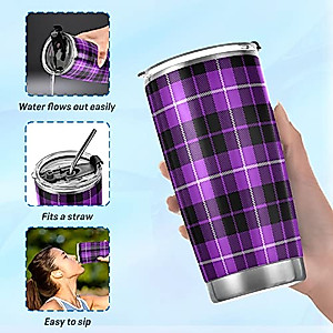 20oz Tumbler Bottle with Lid and Straw Purple Black Tartan Plaid Insulated Coffee Ice Cup Vacuum Stainless Steel Shaker Bottle Travel Mug Water Cup Gifts