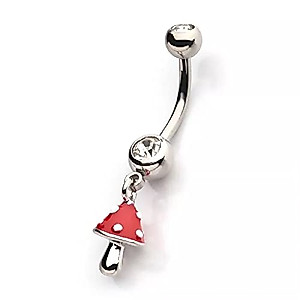 Pierced Owl 14GA 316L Stainless Steel CZ Crystal with Dangling Red Enamel Mushroom Belly Button Ring