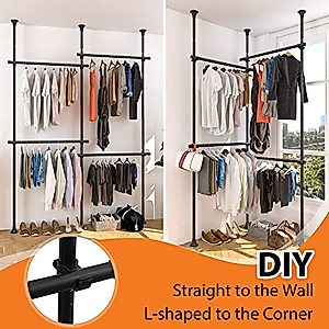 YeYeBest Clothes Rack, 2 Tier Closet Organizers And Storage Free Standing Closet Ceiling Link Floor Hanger for Hanging Clothes Adjustable Floor to Ceiling for Bedroom Laundry Room Black