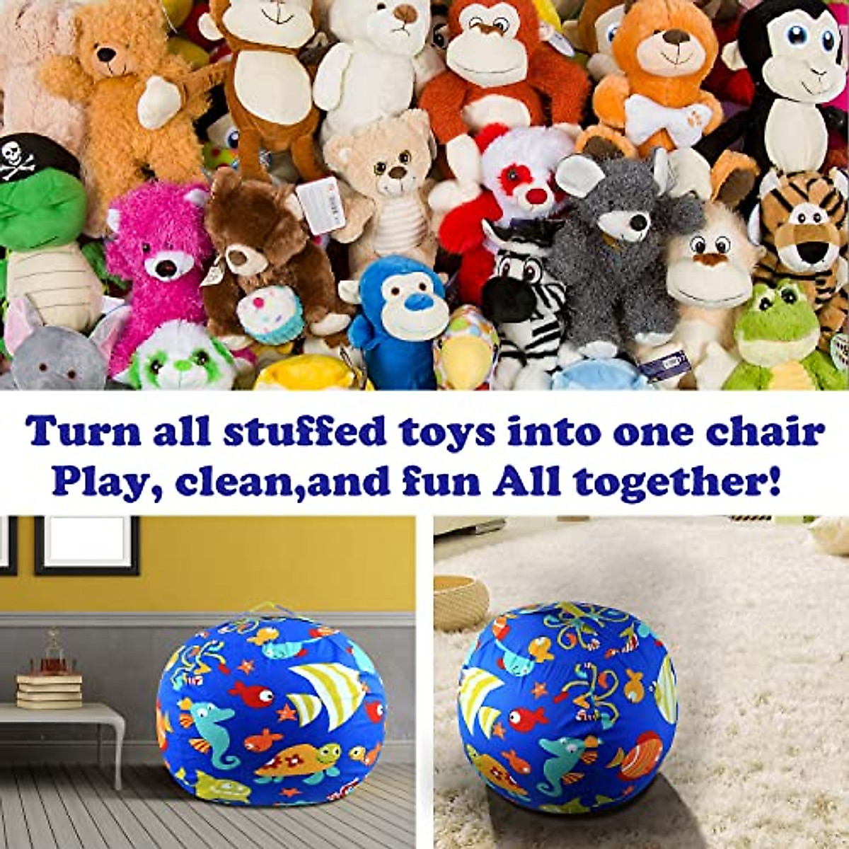 Stuffed Animal Storage Bean Bag Chairs Toy Storage Organizer Bean Bags Chair Cover for Kids 24" Cotton Canvas Beanbag with Zipper for Organizing Kid's and Adults Room, (Blue sea world, 24" x 1)