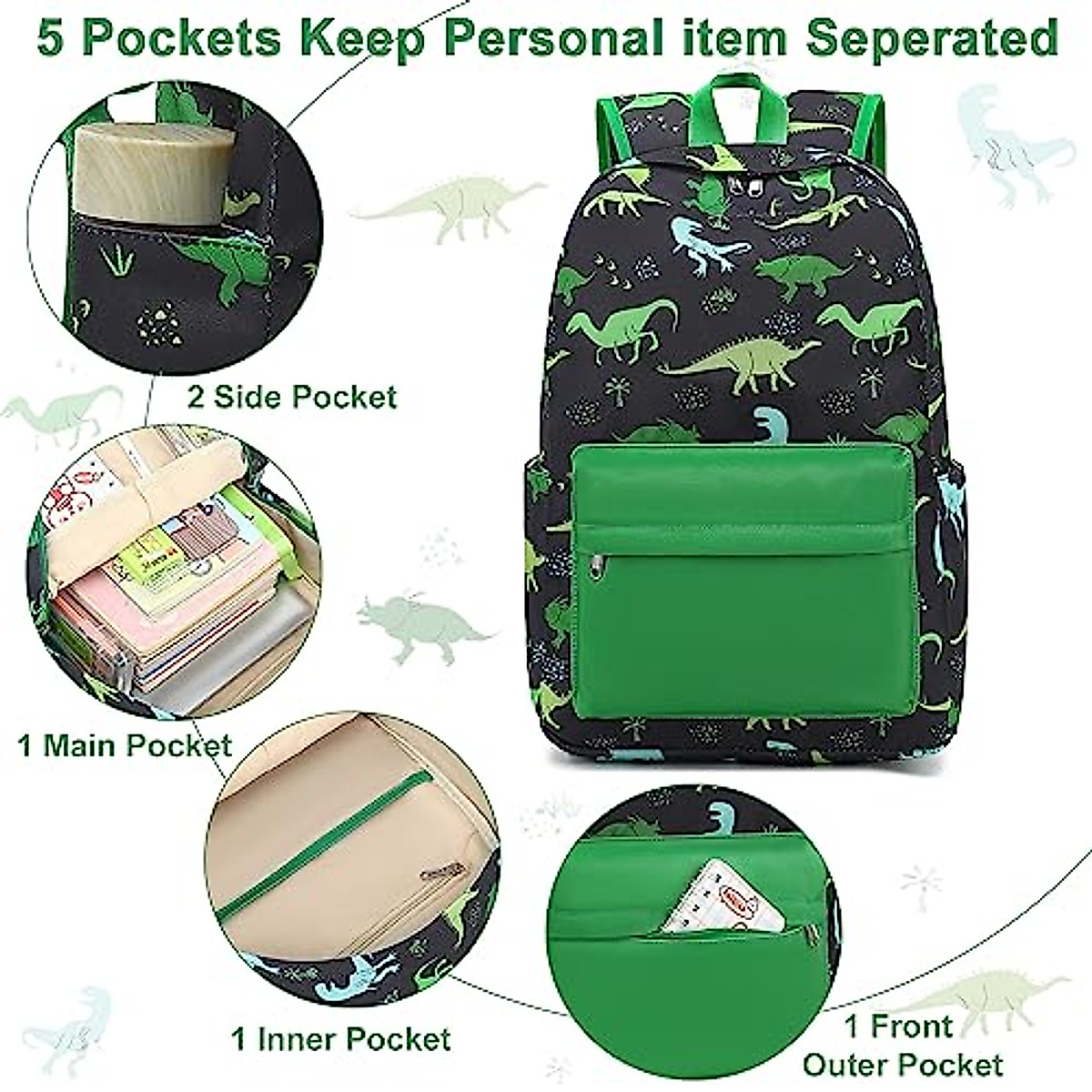 Bluboon Preschool Backpack Kids Boy Kindergarten Backpack With Lunch Box School Book Bags for Elementary Primary Schooler（Green Dinosaur