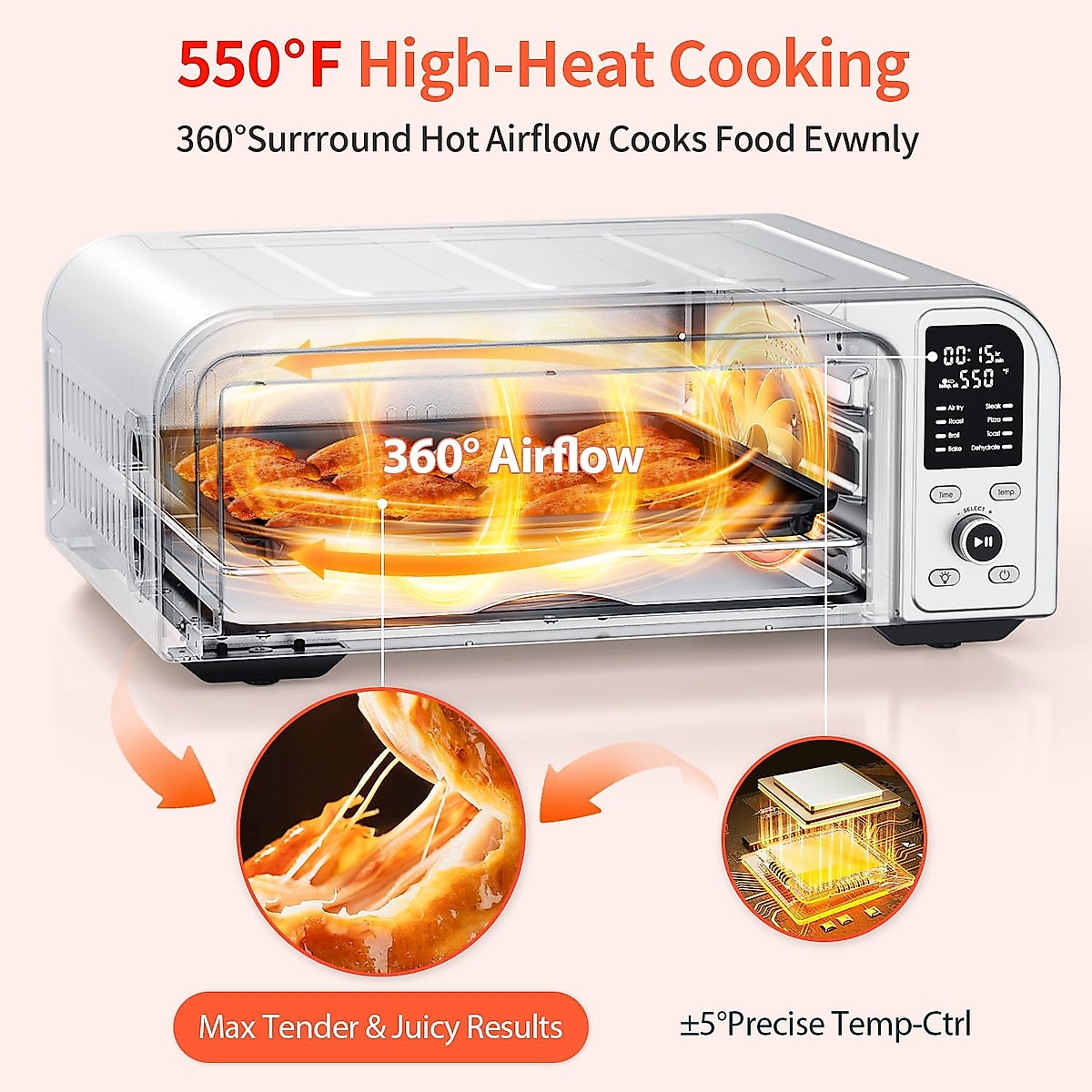 Beelicous Pro 19QT Digital 8-in-1 Air Fryer Toaster Oven, 550°F Flavor-Lock Tech, Flip Up & Away Capability, 40+ Recipes, Airfryer Countertop Oven Combo, 4 Accessories, Fit 13" Pizza, Stainless Steel