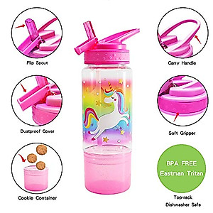 Home Tune 18oz Kids Water Drinking Sip Bottle - Tritan BPA Free, Flip Straw Lid, Easy Open, Lightweight, Snack Compartment, Leak-Proof Water Bottle with Cute Design For Girls & Boys - Unicorn