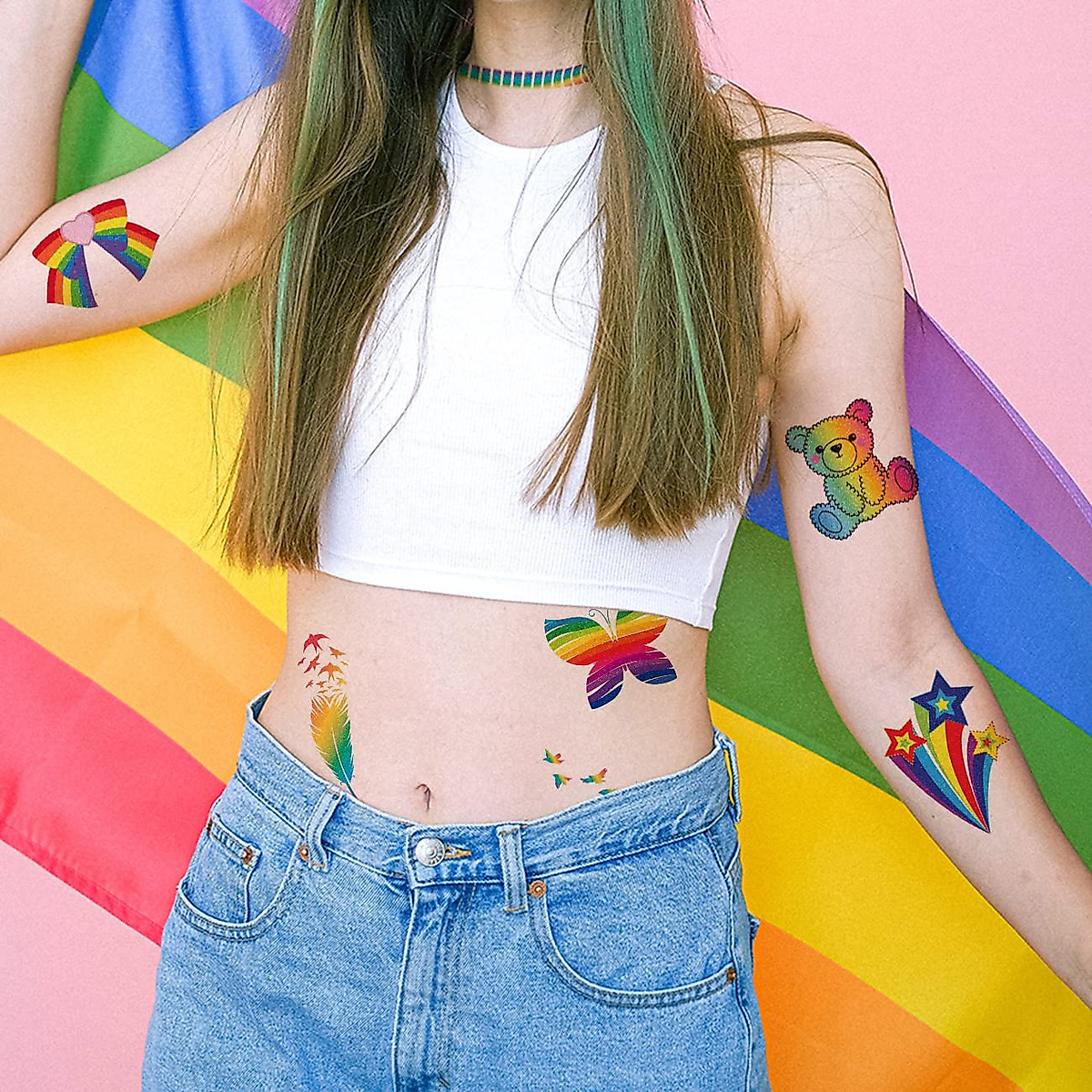 CHARLENT Glitter Rainbow Temporary Tattoos - 140 PCS Glitter Pride Tattoos Butterfly Heart Rainbow Tattoos for Pride Party Favors