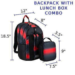 FUEL Backpack with Lunch Box Combo – 18” Two Compartment Water Resistant Durable Adjustable Straps with Side Water Bottle Pockets 2 in 1 Set - Red and Black