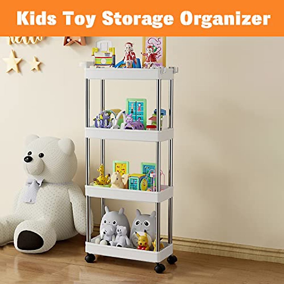 4 Tier Slim Rolling Storage Cart,Laundry Room Organization Rolling Utility Cart Slide Out Storage Shelves Mobile Shelving Unit Organizer for Office Kitchen Bathroom Laundry Narrow Places(White,Slim)