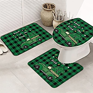 Fancyine St. Patrick's Day Truck 3 Pieces Bath Rugs Sets Soft Non-Slip Absorbent Toilet Seat Cover Green Black Buffalo Plaid U-Shaped Toilet Mat Bathroom Mats Set-Irish Lucky Clover Gold Coin