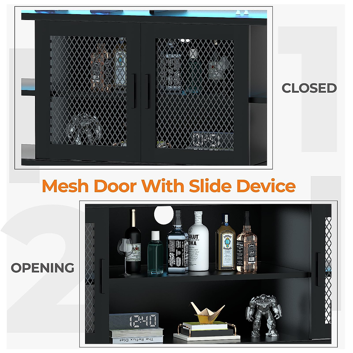 GreenForest TV Stand for 65 Inch TV, LED Lights Entertainment Center with Grid Cabinets for Living Room, 58 inch Television Stands TV Cabinet with 21 Dynamic RGB Modes, Black