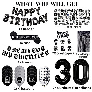 Black 30th Birthday Decorations for Women or Men, Death to My 20s Decorations, Death to My Twenties Banner Number 30 Balloons Rip to My 20s Sash Cake Toppers for Rip 20s Birthday Decorations