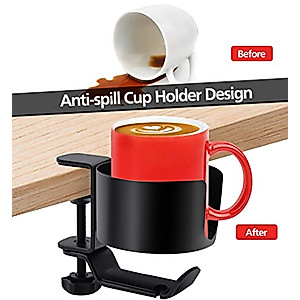 Headphone Hanger with Cup Holder, 1 Pack/2 Pack 2-in-1 Anti-Spill Cup Holder with Under Desk Headphone Hanger, 360° Rotation Headphone Holder Aluminum Headset Stand Headphone Hook (2 Pack)