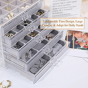 misaya Earring Jewelry Organizer with 5 Drawers, Birthday and Christmas Gift, Clear Acrylic Jewelry Box for Women, Velvet Earring Display Holder for Earrings Ring Bracelet Necklace, Gray