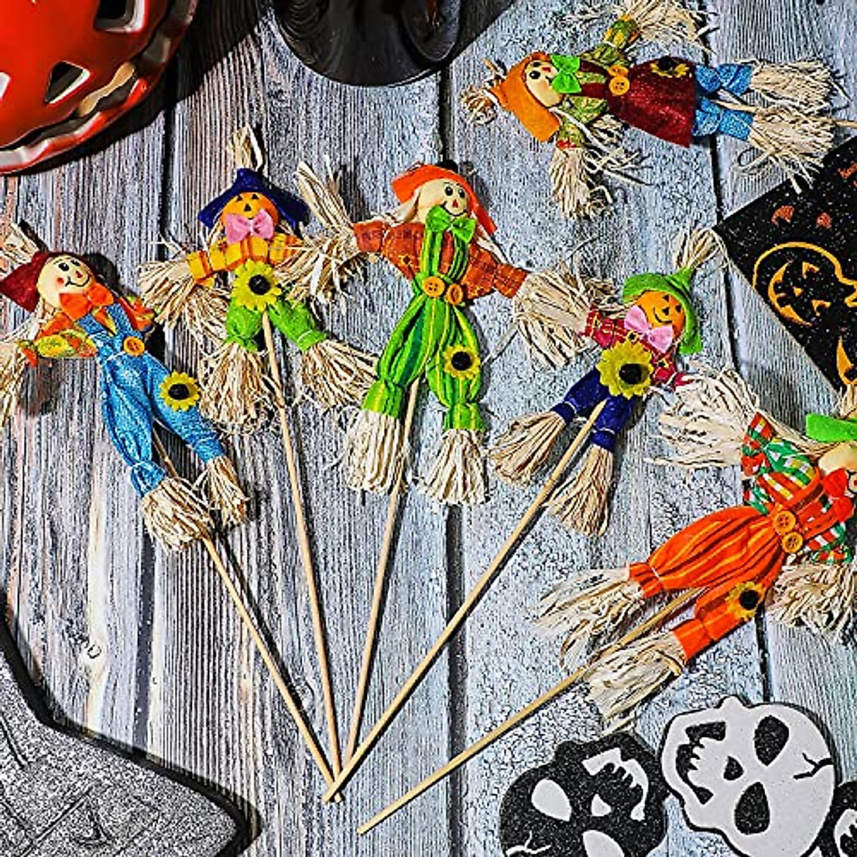 6 Pieces Mini Scarecrow on a Stick Fall Decoration Small Scarecrow Thanksgiving Decor Autumn Fall Harvest Standing Scarecrow Decor for Autumn, Halloween, Thanksgiving, Garden, Home, Yard, Porch()
