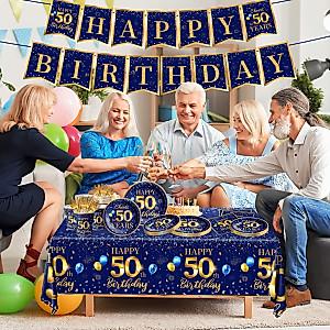 50th Birthday Decoration Men-142pcs Navy Blue and Gold Birthday Tableware Set(Serve for 20) Include Happy 50th Birthday Banner Plates Cups Napkins Tablecloth for Men 50th Birthday Party Supplies (50)