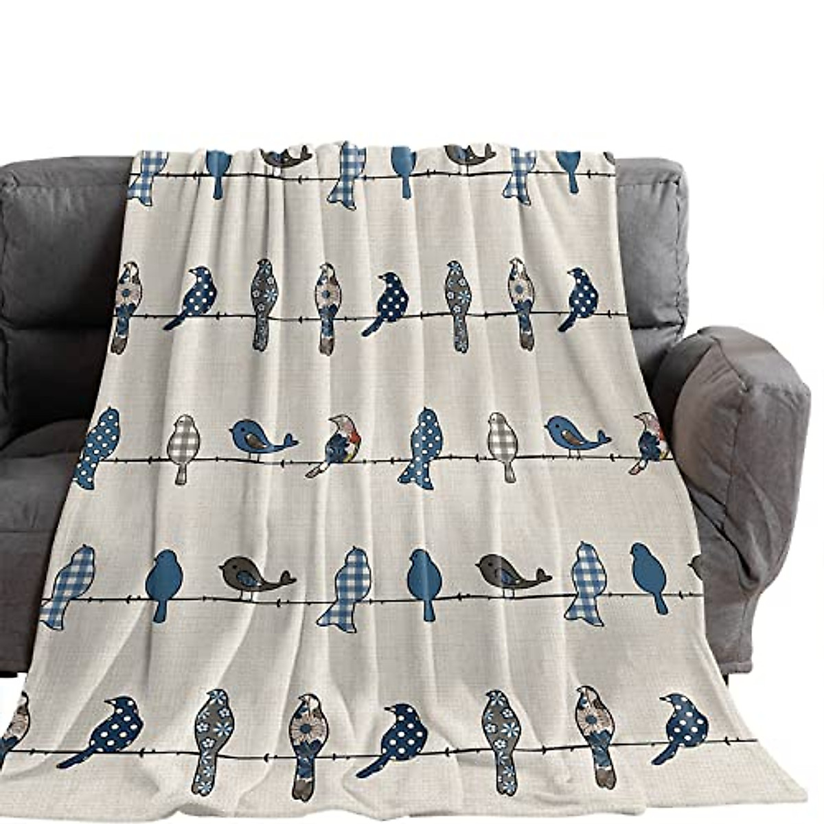 Throw Blanket- Vintage Buffalo Plaid Flowers Birds Soft Warm Plush Fleece Bed Throw,50x60In Flannel Blankets Wild Animals Black Line Bedding Throws for Women/Men Bedroom Living Room Cotton Linen