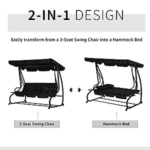 Outsunny 3-Seat Outdoor Patio Swing Chair, Converting Flatbed, Outdoor Swing Glider with Adjustable Canopy, Removable Cushion and Pillows, for Porch, Garden, Poolside, Backyard, Black