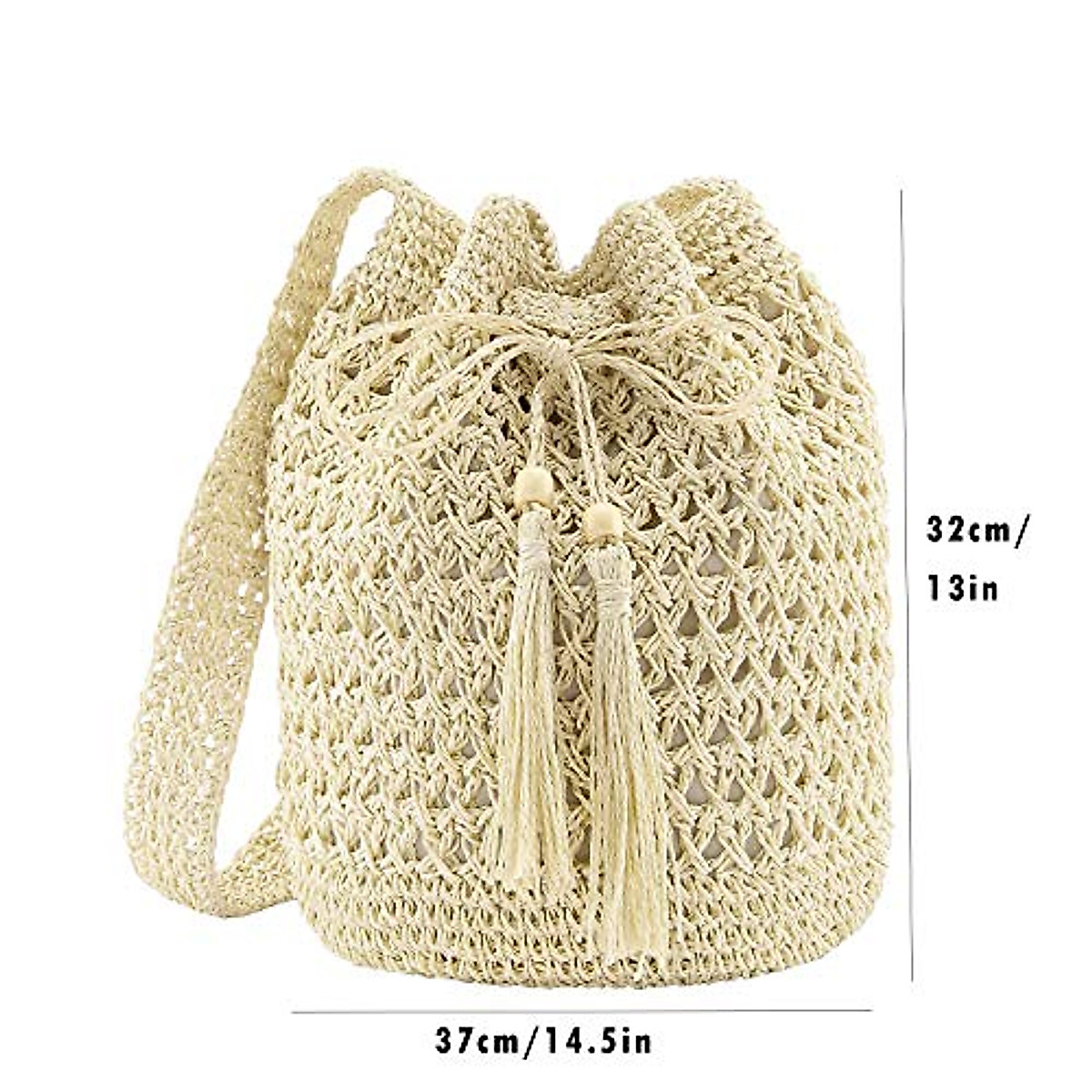 Ayliss Women Beach Handbag Straw Crossbody Shoulder Handbag Summer Beach Handmade Woven Bucket Bag Drawstring with Tassel (Beige)