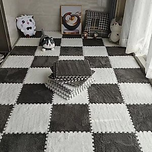 20 Pcs 12x12in Interlocking Foam Plush Play Puzzle Carpet Washable Soft Fluffy Square Foam Floor Tiles Mat,Four Seasons Anti-Slip Split Joint Play Area Protective Rugs(Color:Gray + White)