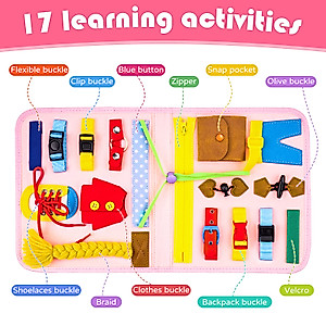 NiToy Busy Board, 19-in-1 Toddler Montessori Toys Ages 3-5, Fine Motor Skills Toys for Preschool Activity Sensory Learning Toys, Pink