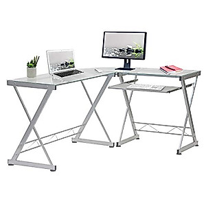 Techni Mobili L Shaped Desk with Keyboard Tray - Efficient Work from Home Desk - Glass L Shaped Desk - Professional Work Desk For Home Office - Versatile Glass Corner Desks for Home Office