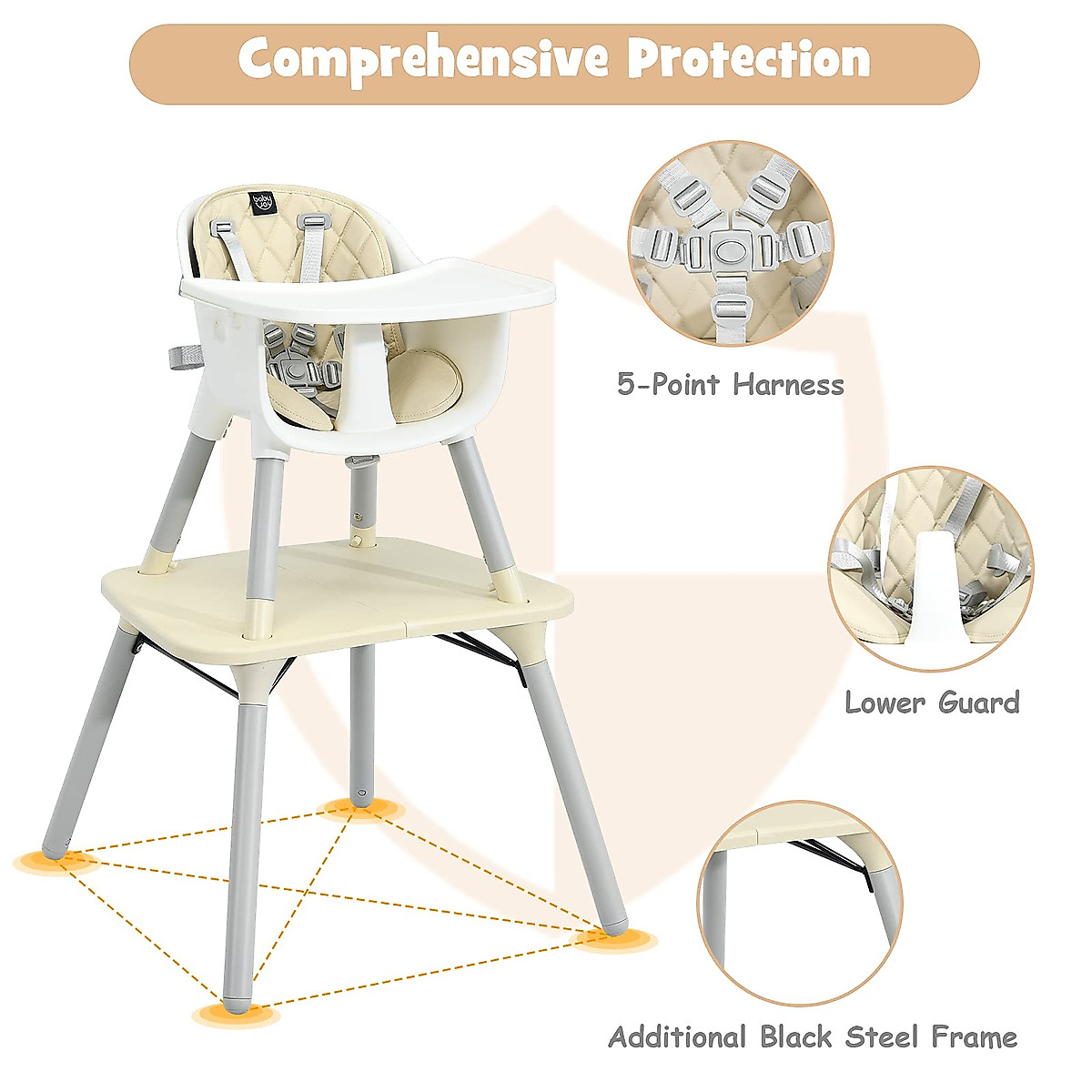 BABY JOY High Chair, 5 in 1 Convertible Highchair for Babies & Toddlers | Booster Seat | Table and Chair Set | Infant Feeding Chair with Removable Tray, Safety Harness, Removable Cushion (Beige)