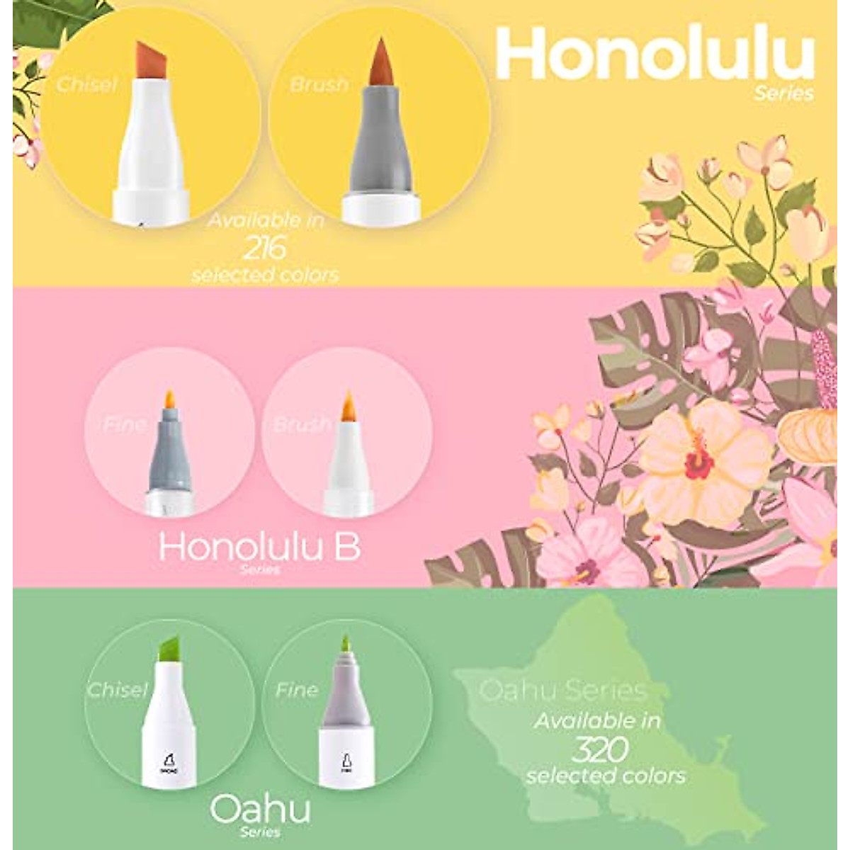 Ohuhu Alcohol Markers Brush Tip: Double Tipped Art Marker Set for Artist Adults Coloring Sketching Drawing Alcohol-based Ink - Brush Chisel Dual Tips - Honolulu - 48 Colors w/ 1 Blender and Case