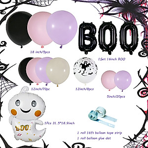 Halloween Balloon Garland Kit, 111 Pcs 18" 12" 5" Black Pink Purple Latex Balloons with 18" BOO Ghost Foil Balloon Halloween Decorations for Girls Halloween Day Decoration Halloween Party Supplies