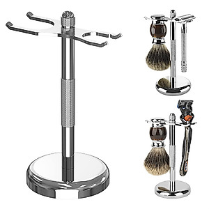 Linkidea Razor and Brush Stand Holder, Deluxe Men's Stainless Steel Shaving Brush Hanger Base, Shaver Kit Organizer for Bathroom Shower (Silver)