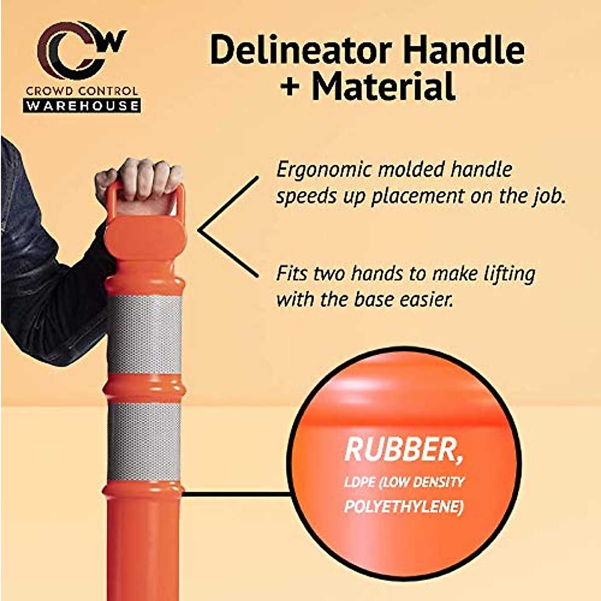 Crowd Control Warehouse Orange 45" Delineator Post, 3" Reflective Collars, 10lb Rubber Base