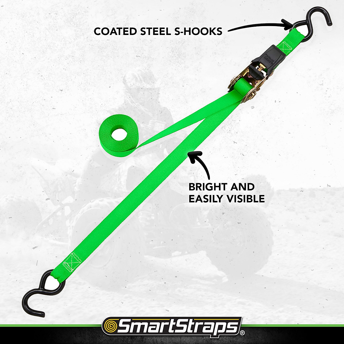SmartStraps 14’ Padded Ratchet Tie Down, 4 Pack — Standard Duty Tie-Down Straps — 1,500lb Break Strength, 500lb Safe Work Load — Haul Dirt Bikes, ATVs, and Mowers