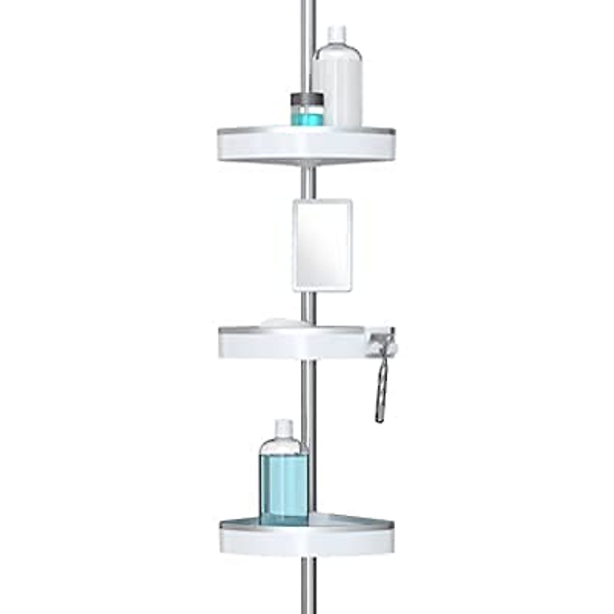 Better Living Making Life A Little Easier HiRISE 4 Corner Standing Shower Caddy 9 Foot Tension Pole Rust Proof Aluminum Shower Organizer with Adjustable Baskets and Bonus Fog Resistant Mirror, White
