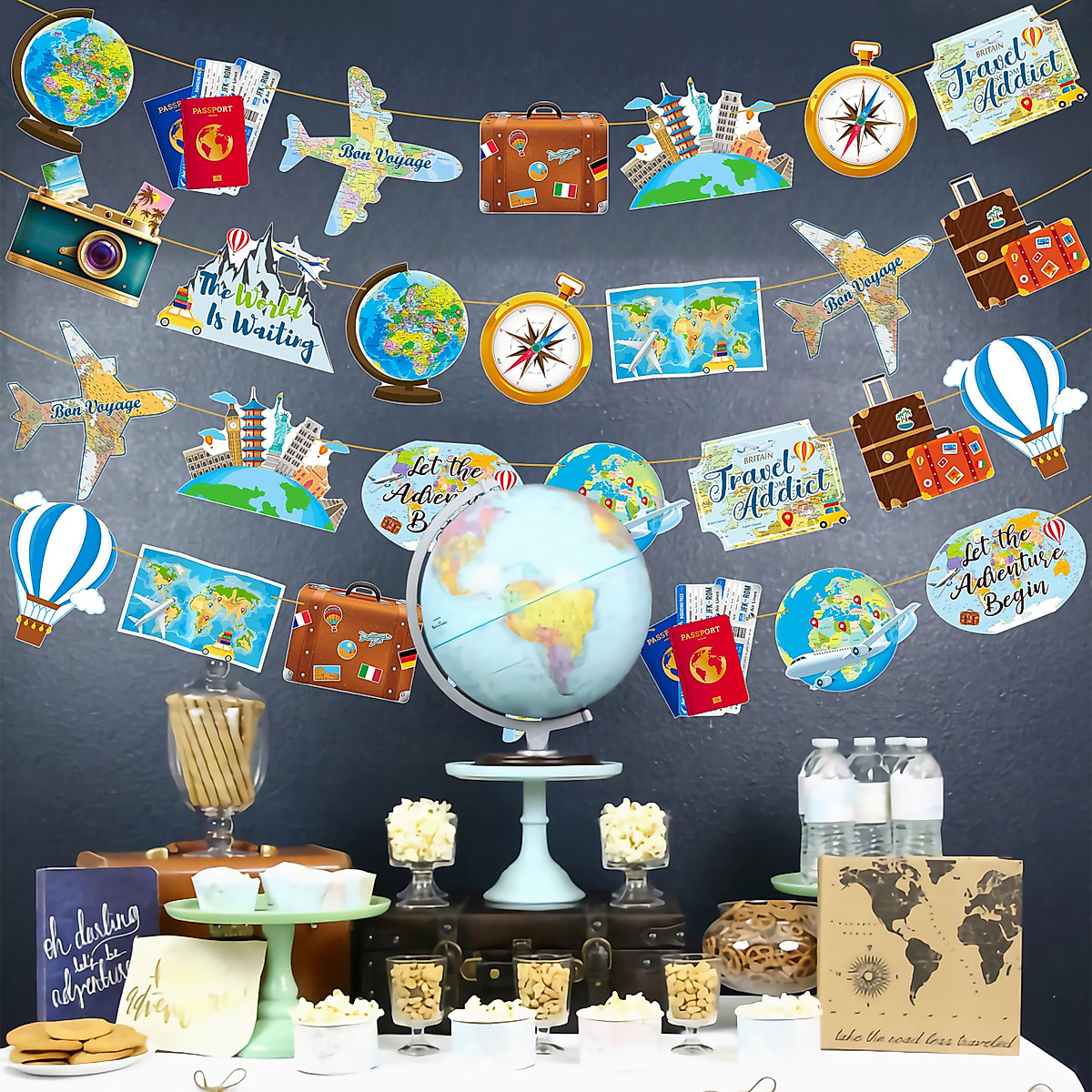 4pcs Travel Theme Party Banners Adventure Awaits Party Decorations Let The Adventure Begin Bon Voyage Map Theme Banners for Around The World Party Graduation Farewell Retirement Party Supplies