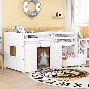 Harper & Bright Designs Twin Size Low Loft Bed with Storage,Wood Kids Loft Bed with Stairs,Loft Bed Twin with Shelf and Drawer Underneath,Space-Saving Twin Bed for Girls Boys,White