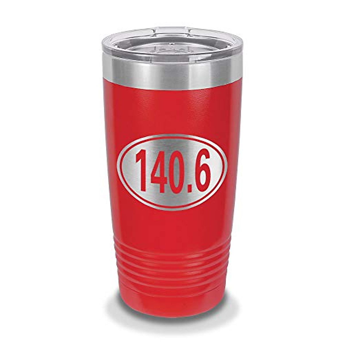Custom Oval 140.6 20 oz Laser Engraved Polar Camel Stainless Steel Vacuum Insulated Tumbler w/Clear Lid ironman triathlon - Customizable - Red