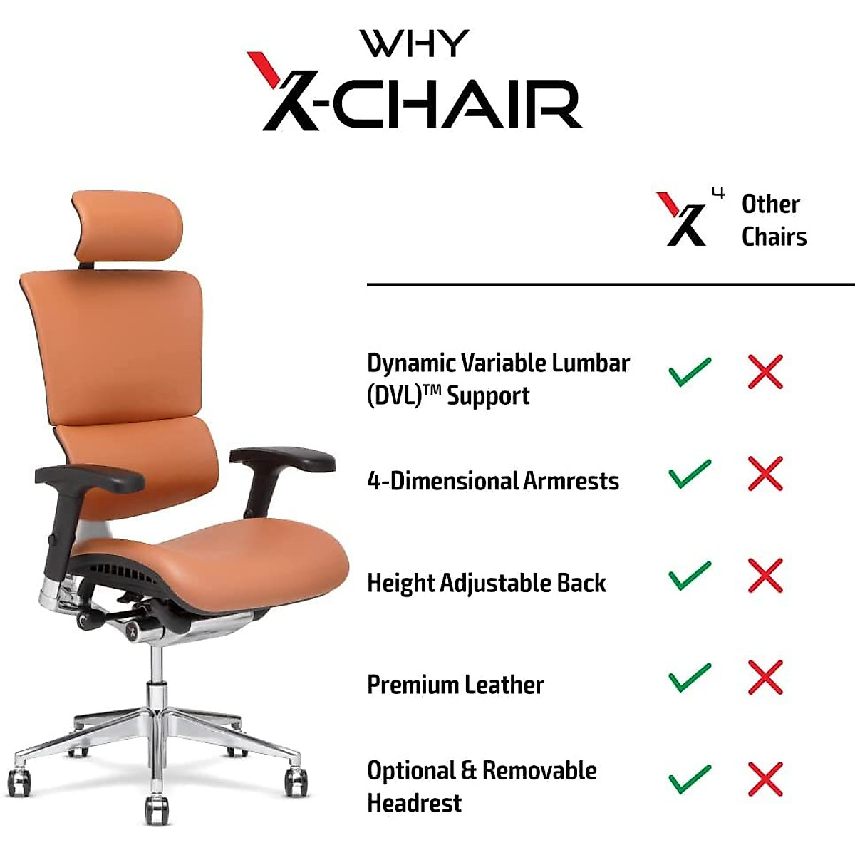 X-Chair X4 High End Executive Chair, Black Leather with Wide Seat & Headrest - Ergonomic Office Seat/Dynamic Variable Lumbar Support/Floating Recline/Stunning Aesthetic/Perfect for Office or Boardroom