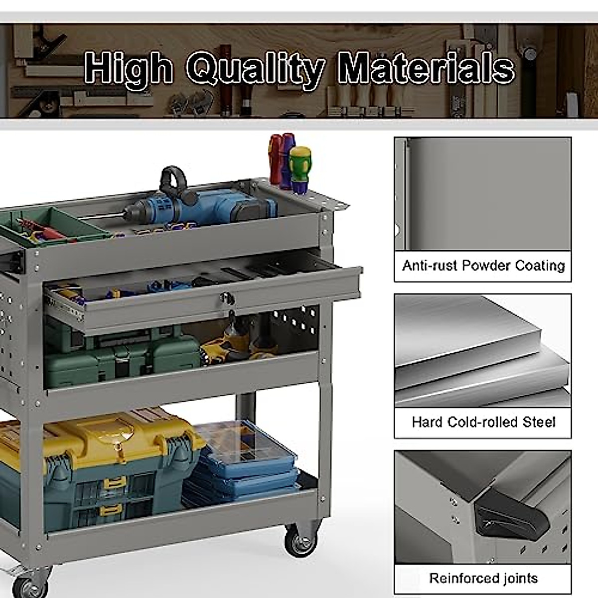 MOOLINCO 3 Tier Rolling Tool Cart with a Lockable Drawer and 4 Universal Wheels, Removable Tool Cart, Large Storage Capacity Tool Cart on Wheels, Suitable for Garage or Warehouse(New Grey)