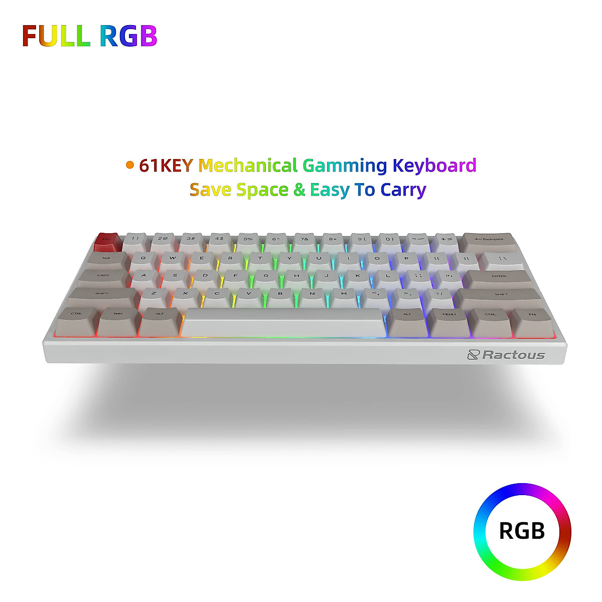 Ractous RTK61BP 60% Wireless Mechanical Gaming Keyboard,RGB Blacklit PBT Sublimation Keycaps 61keys Bluetooth5.1/Wried Gaming Keyboard for PC/Mac Gamers,Hot-Swap Gateron Optical Red Switch-White