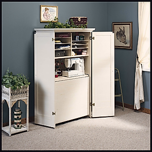 Sauder Harbor View Craft and Sewing Armoire with Table, Antiqued White finish